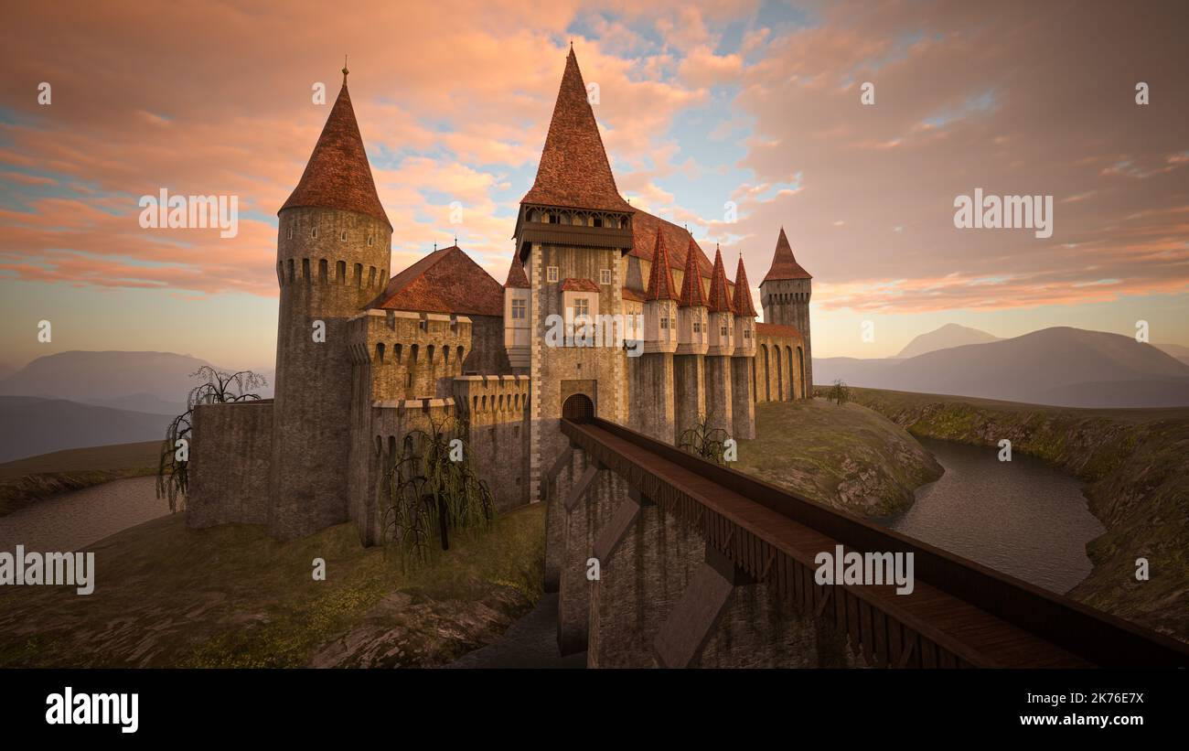 Medieval castle in remote landscape with bridge over a moat. 3D ...