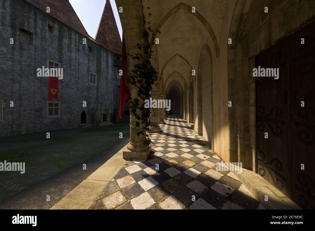 Path with tiled floor in a medieval castle courtyard. 3D illustration ...