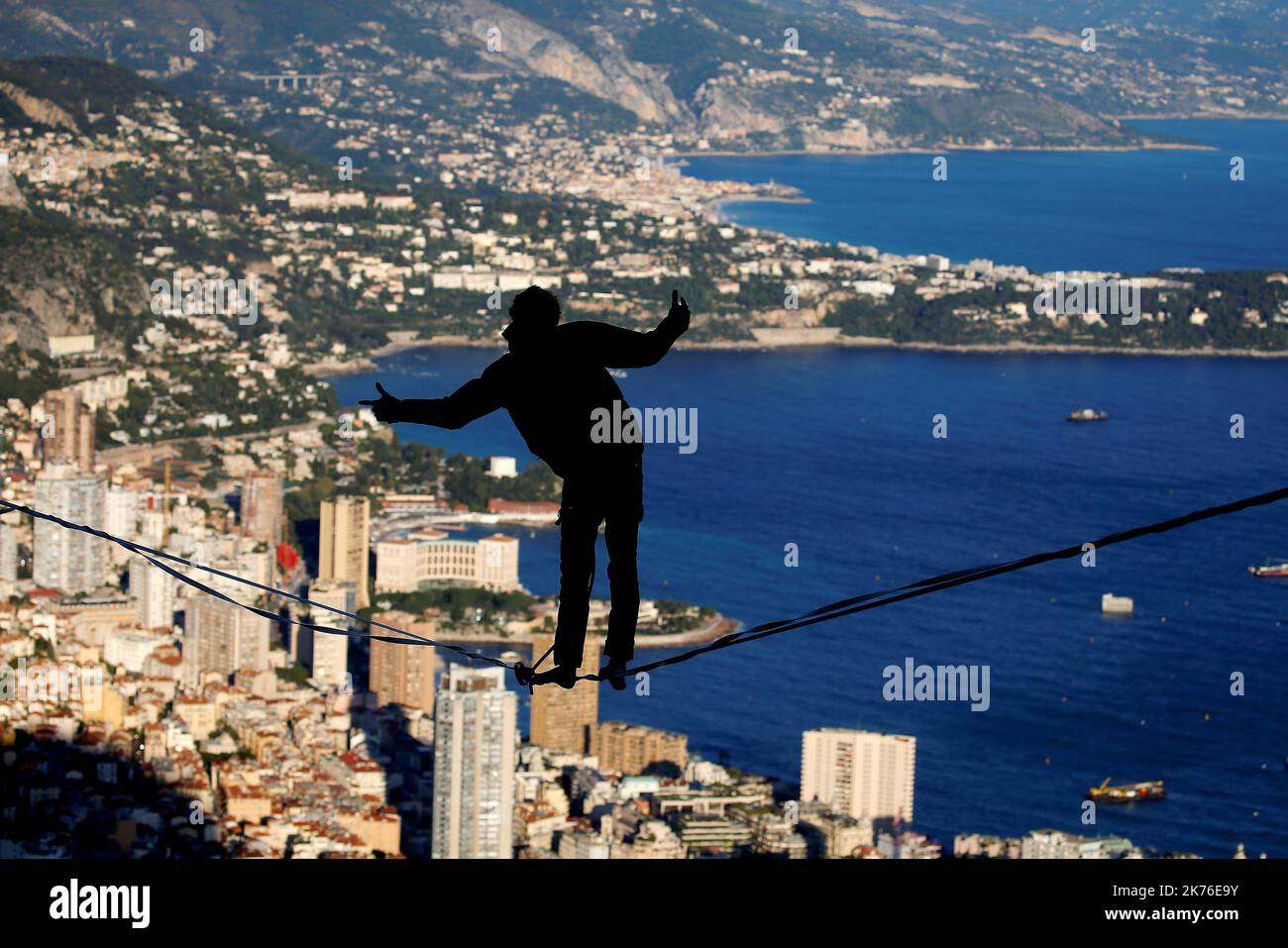 Slackline tightrope walker at La Turbie above Monaco Stock Photo - Alamy
