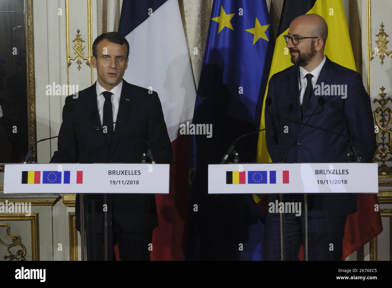 Press conference by Emmanuel Macron (left) and Charles Michel (right ...
