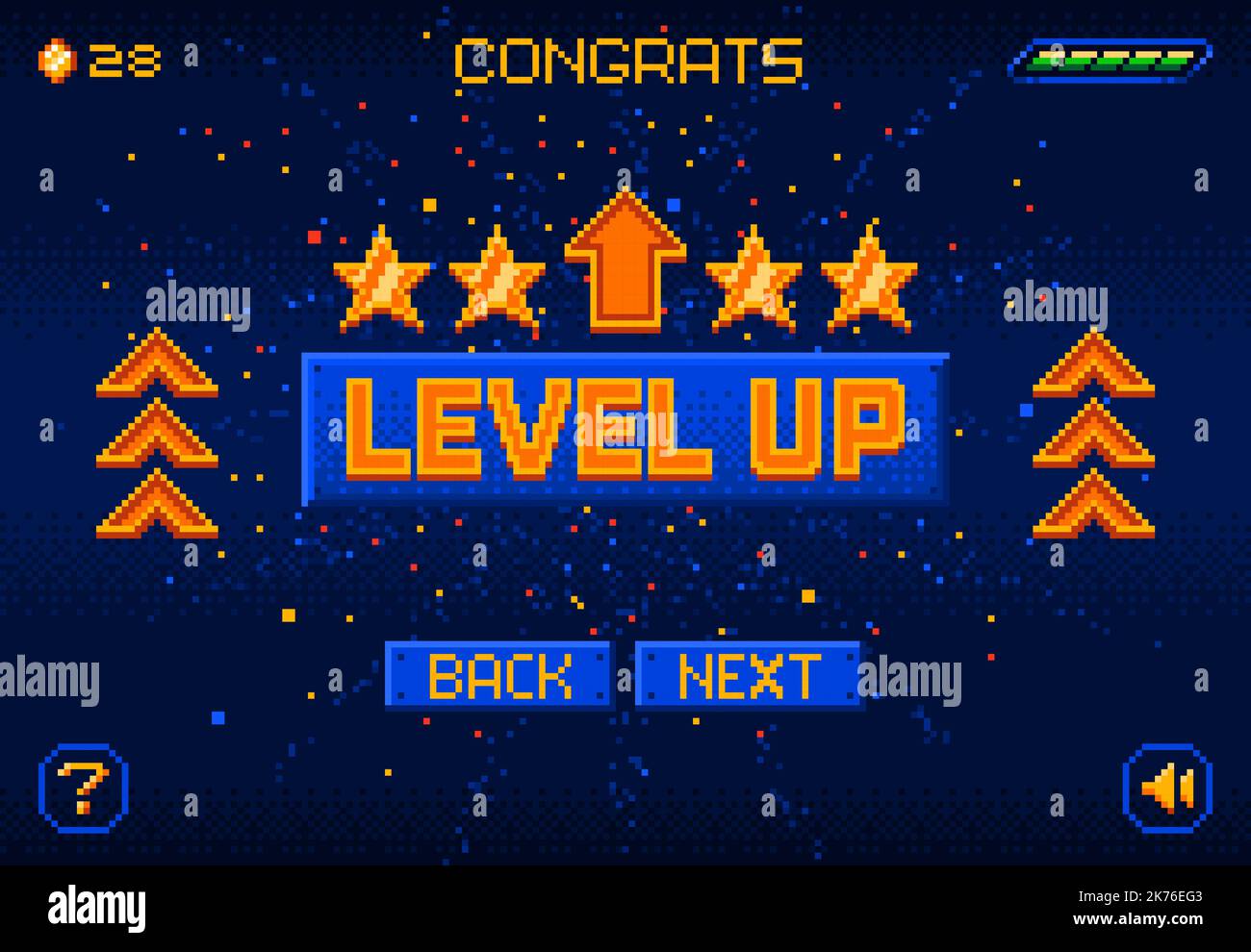 8bit game level up pixel screen. Retro arcade user interface mosaic backdrop or level design ...