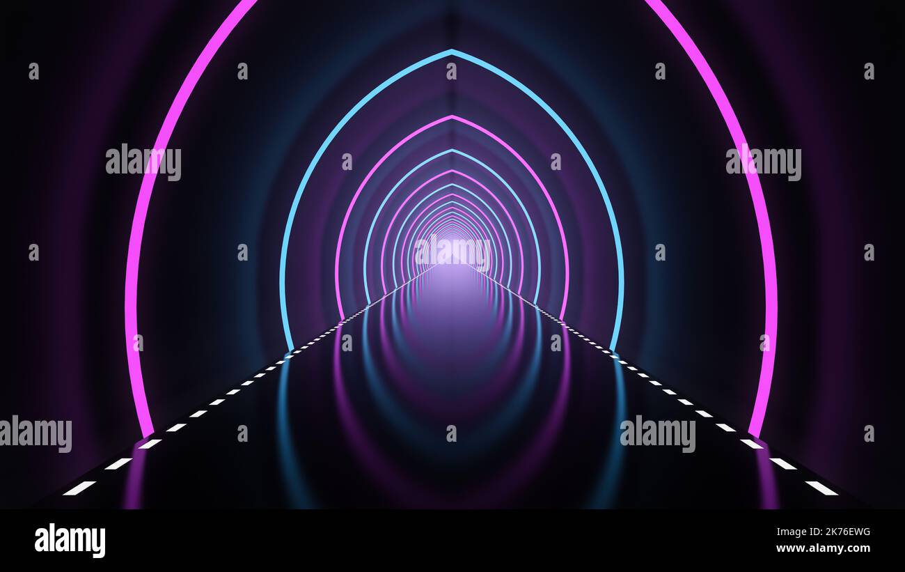 Futuristic cyber tunnel of pink and blue neon light arches with ...