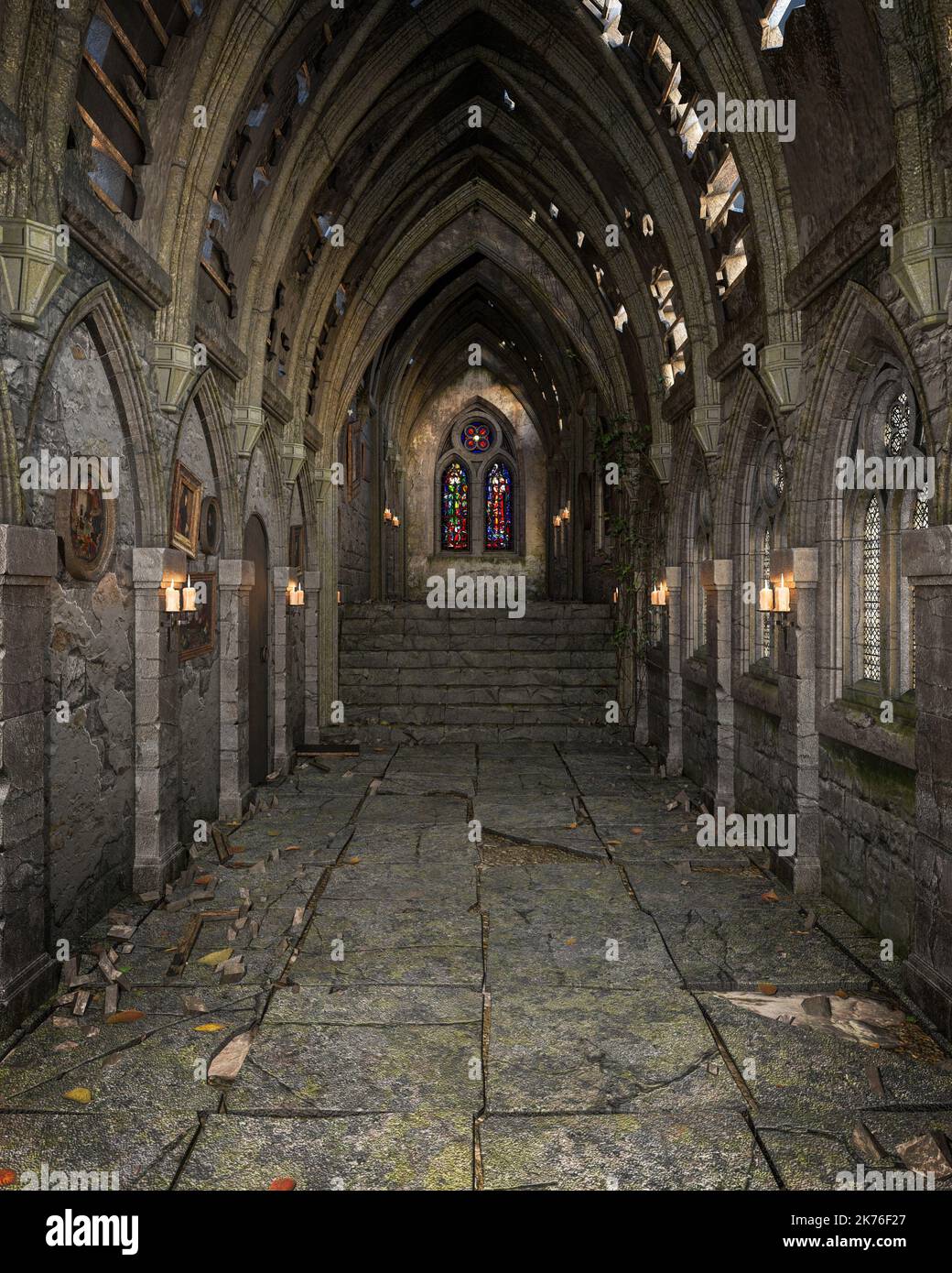 Old ruined corridor in medieval castle or church with picture frames on ...