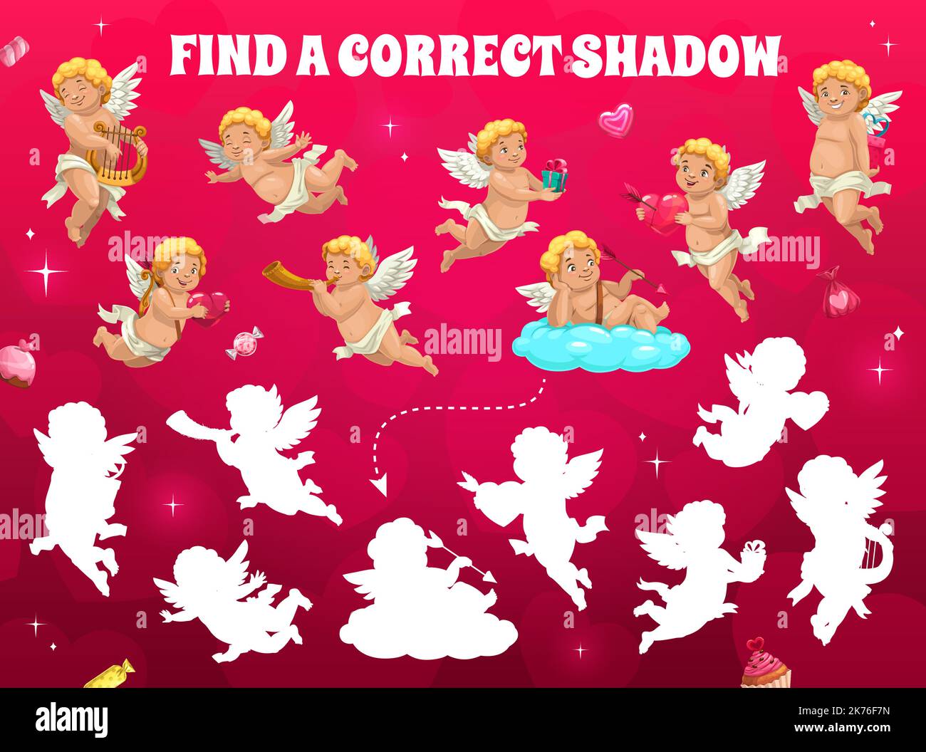 Find correct shadow of cartoon cupid angels, vector puzzle game ...