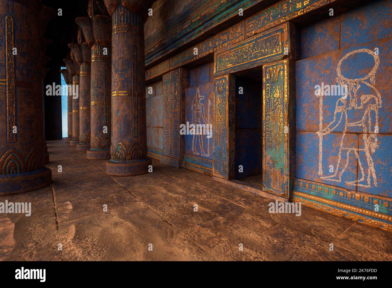 Ancient Egyptian temple or tomb entrance surrounded by blue and gold ...