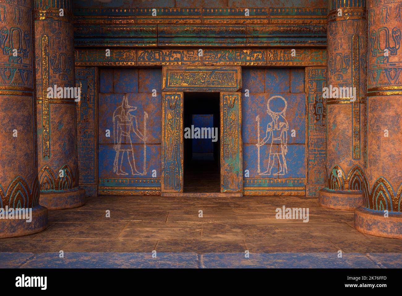 Entrance doorway to ancient Egyptian tomb or temple with blue and gold ...