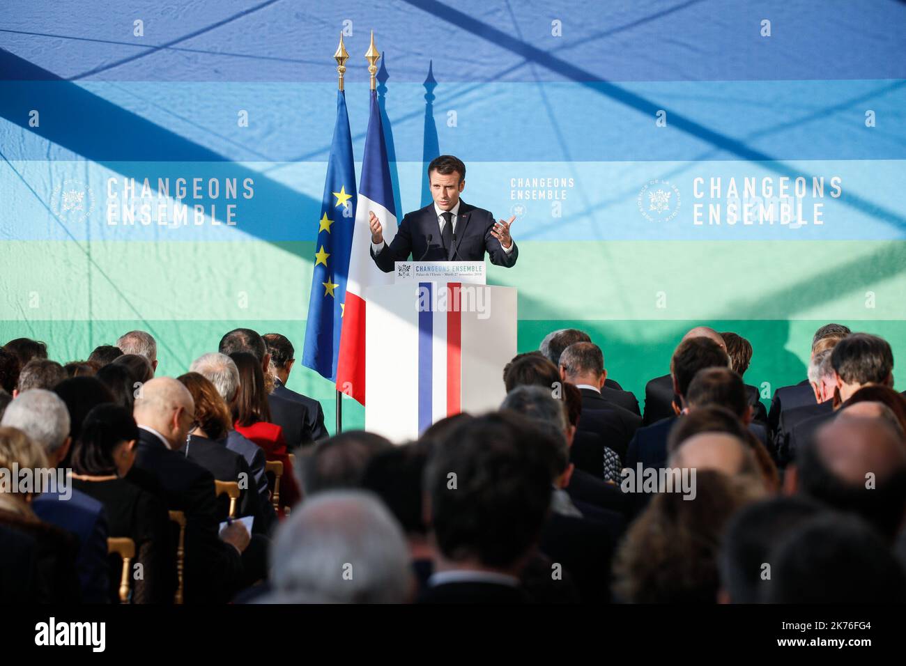 French President Emmanuel Macron delivers a speech after attending a ...