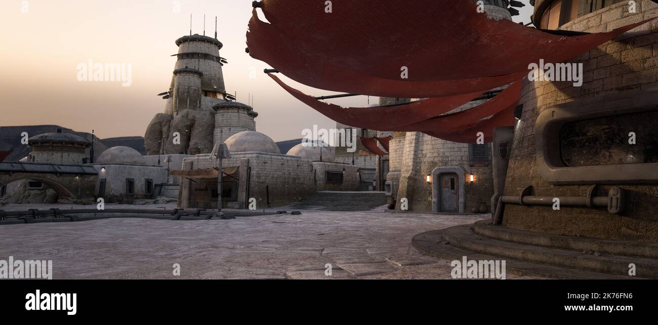 Wide cinematic 3D rendering of a fantasy science fiction outpost ...