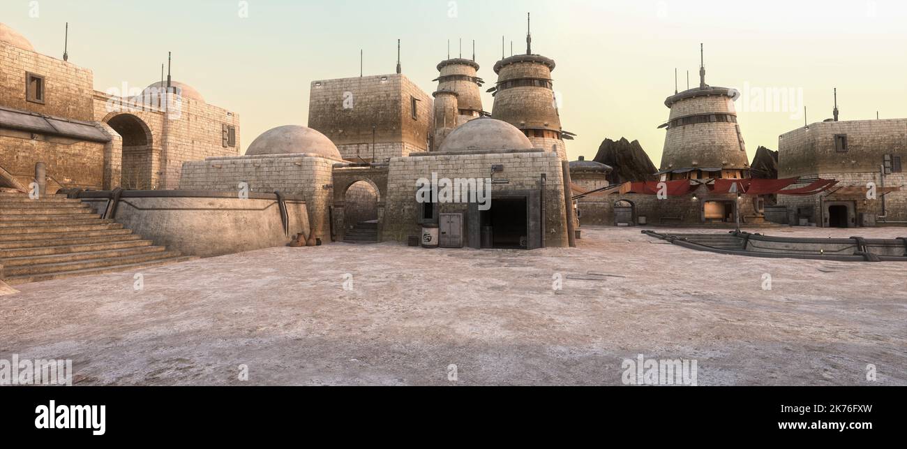 Panoramic 3D illustration of a fantasy sci-fi outpost on a remote alien ...