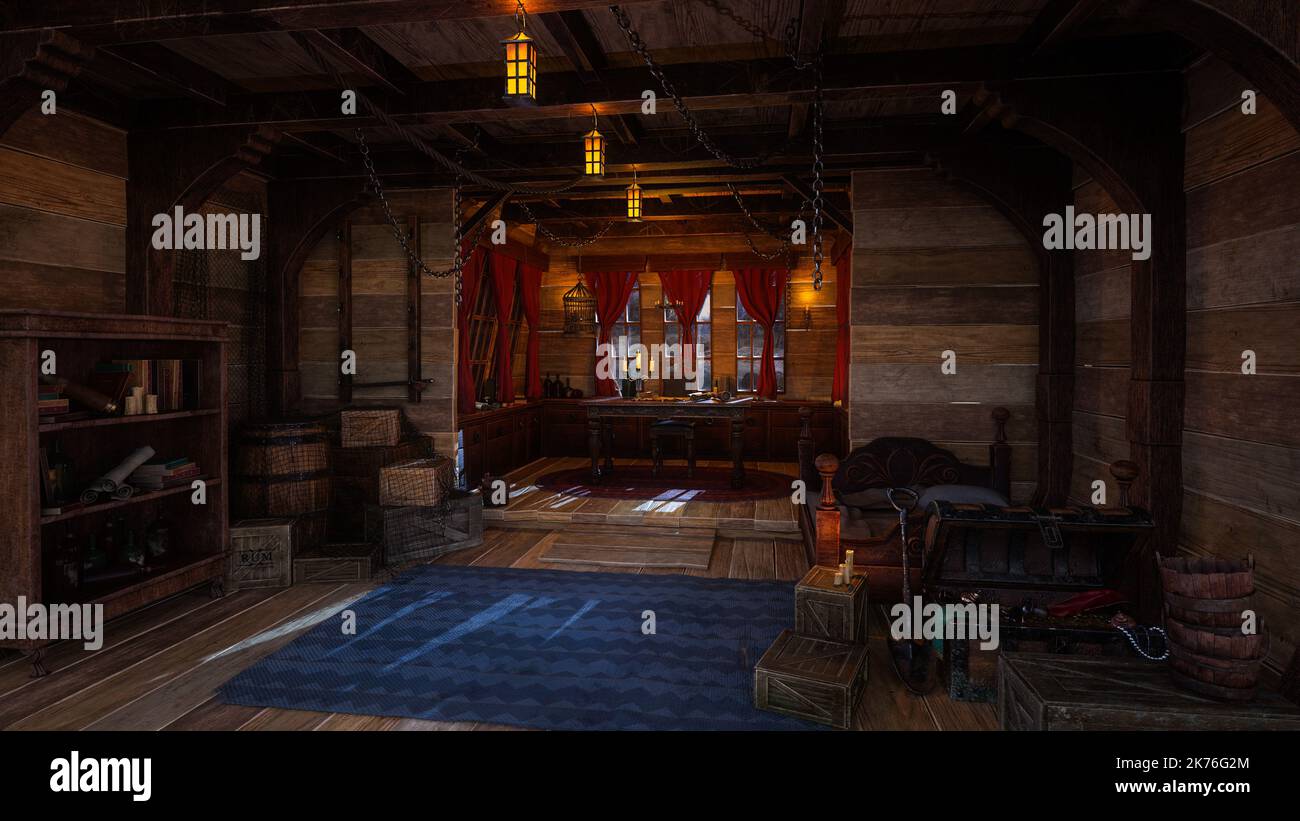 Captain's quarters in old wooden pirate ship with treasure chest on the ...