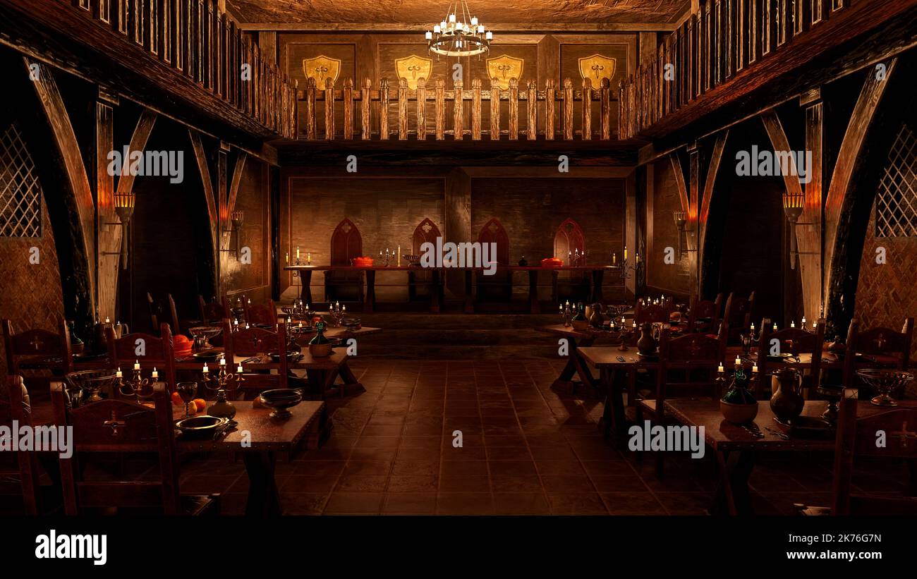 3D rendering of medieval great hall dining room with tables set for a ...