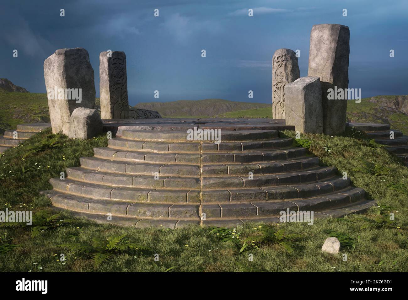 Steps leading to fantasy stone circle temple in a remote highlands ...