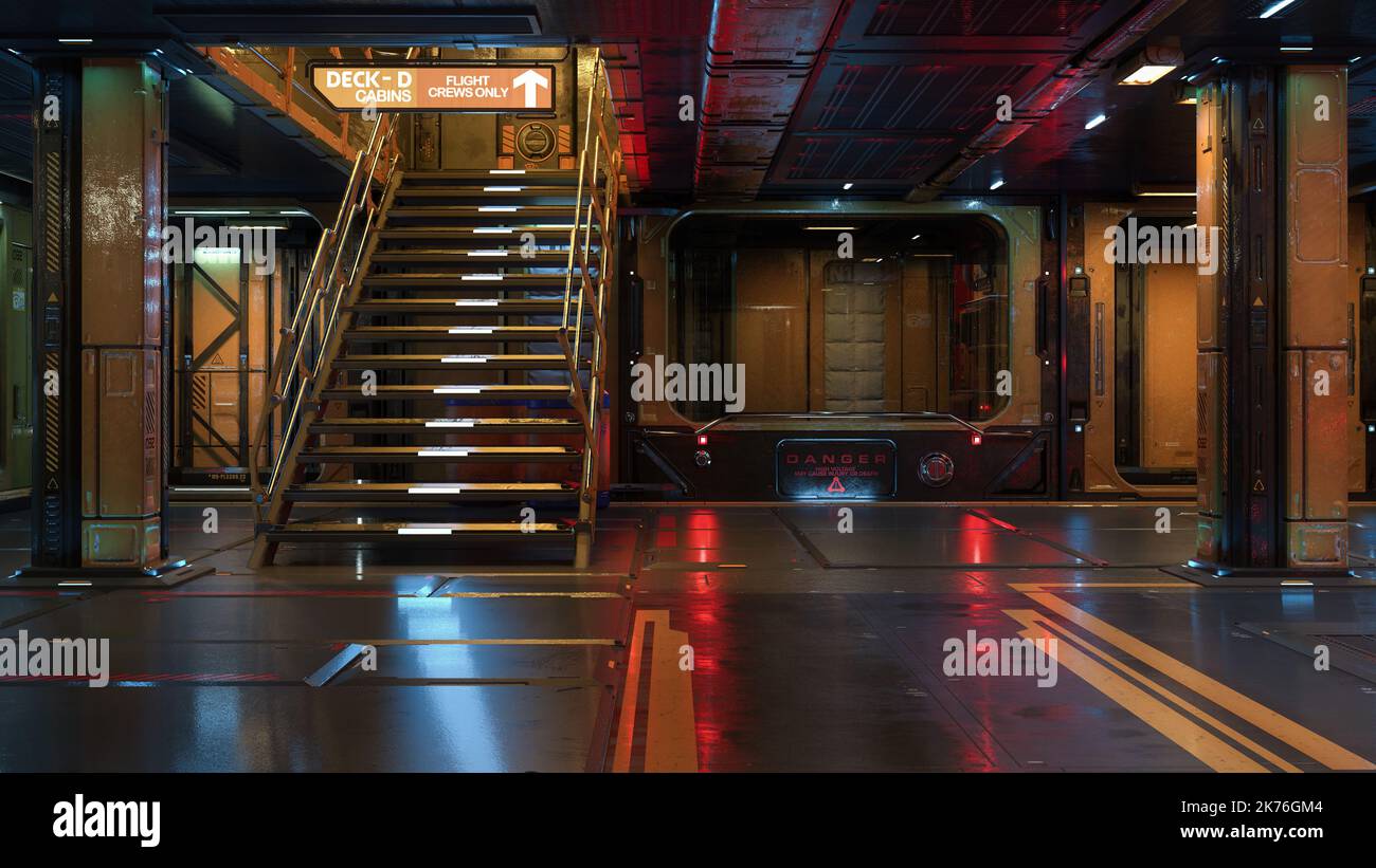 Futuristic sci-fi interior of space ship or station with staircase ...