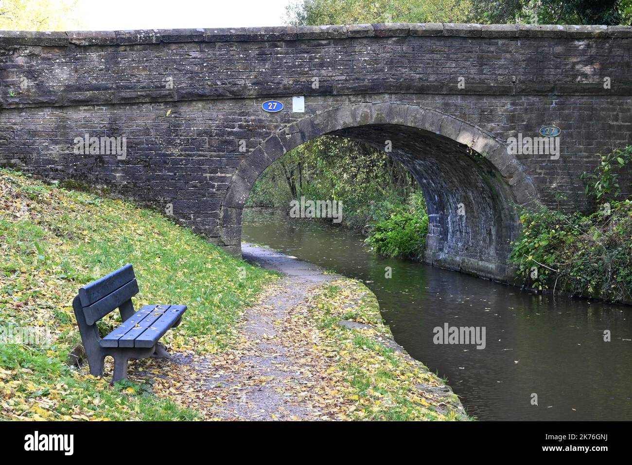 A bridge and empty bench on the Peak Forest Canal near Disney, Cheshire ...