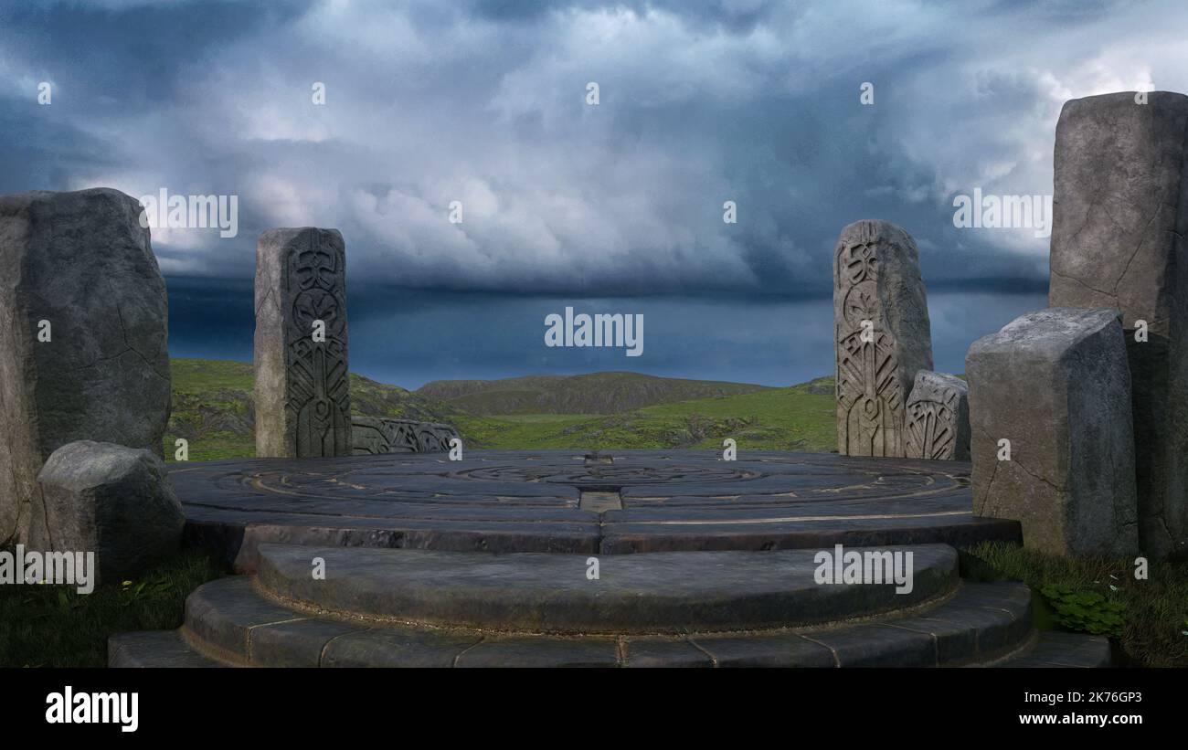Mystical fantasy stone circle on a remote hill with storm clouds in the ...