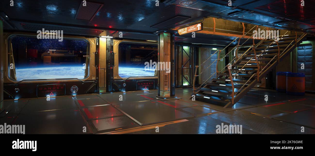 Cinematic 3D illustration of science fiction spaceship interior with ...