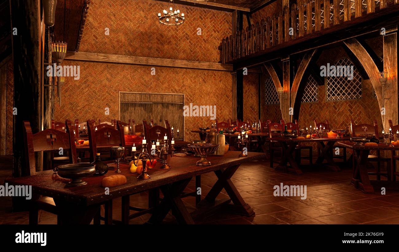 3D illustration of medieval great hall lit be candle light with tables ...