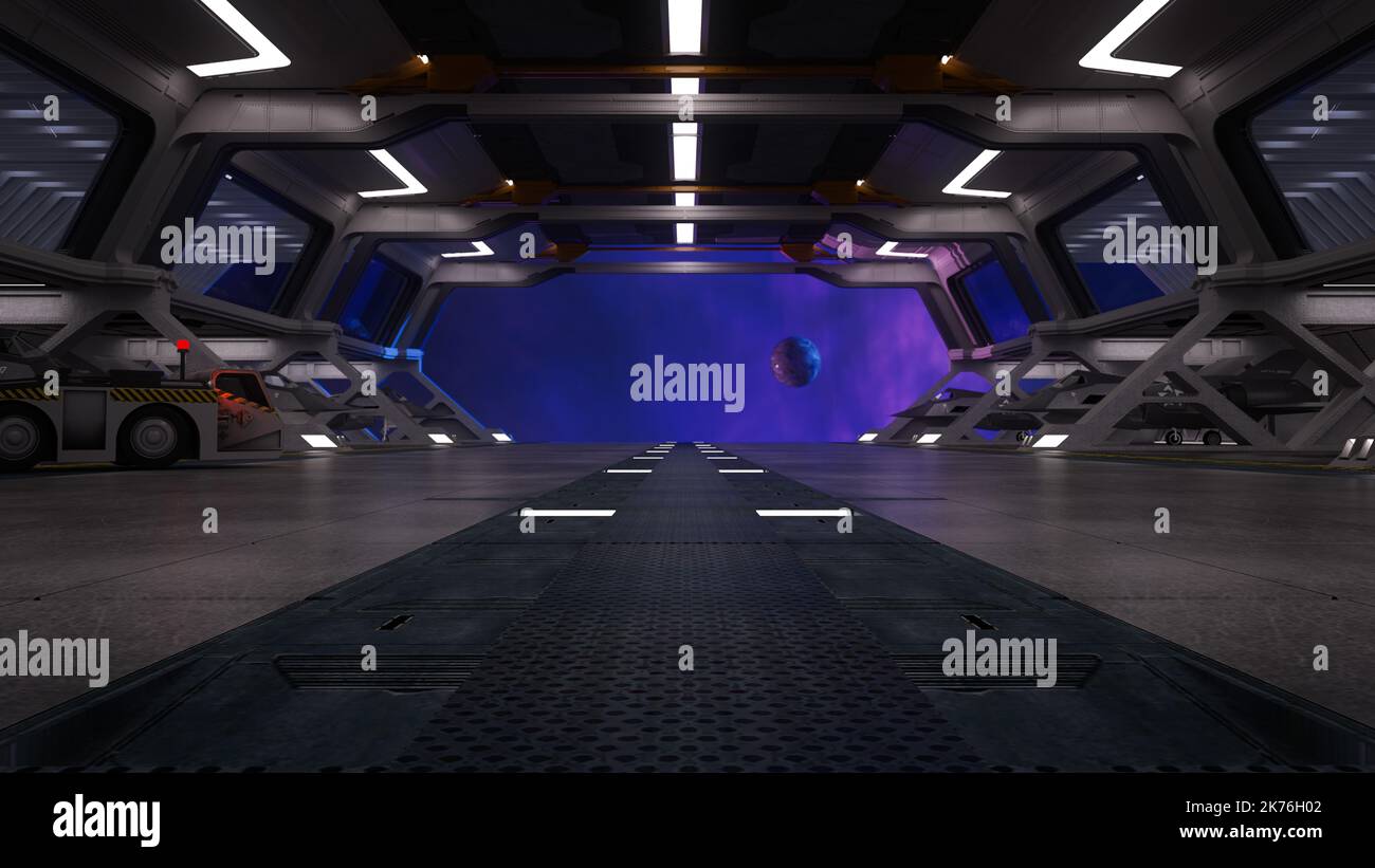 Science fiction space station docking bay with view of a planet through ...