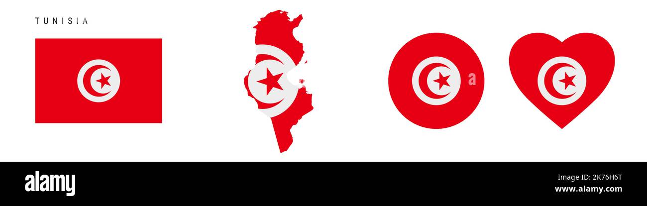 Tunisia flag icon set. Tunisian pennant in official colors and proportions. Rectangular, map ...
