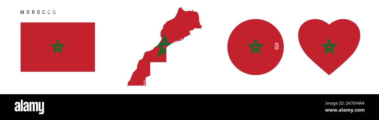 Morocco flag icon set. Moroccan pennant in official colors and proportions. Rectangular, map ...