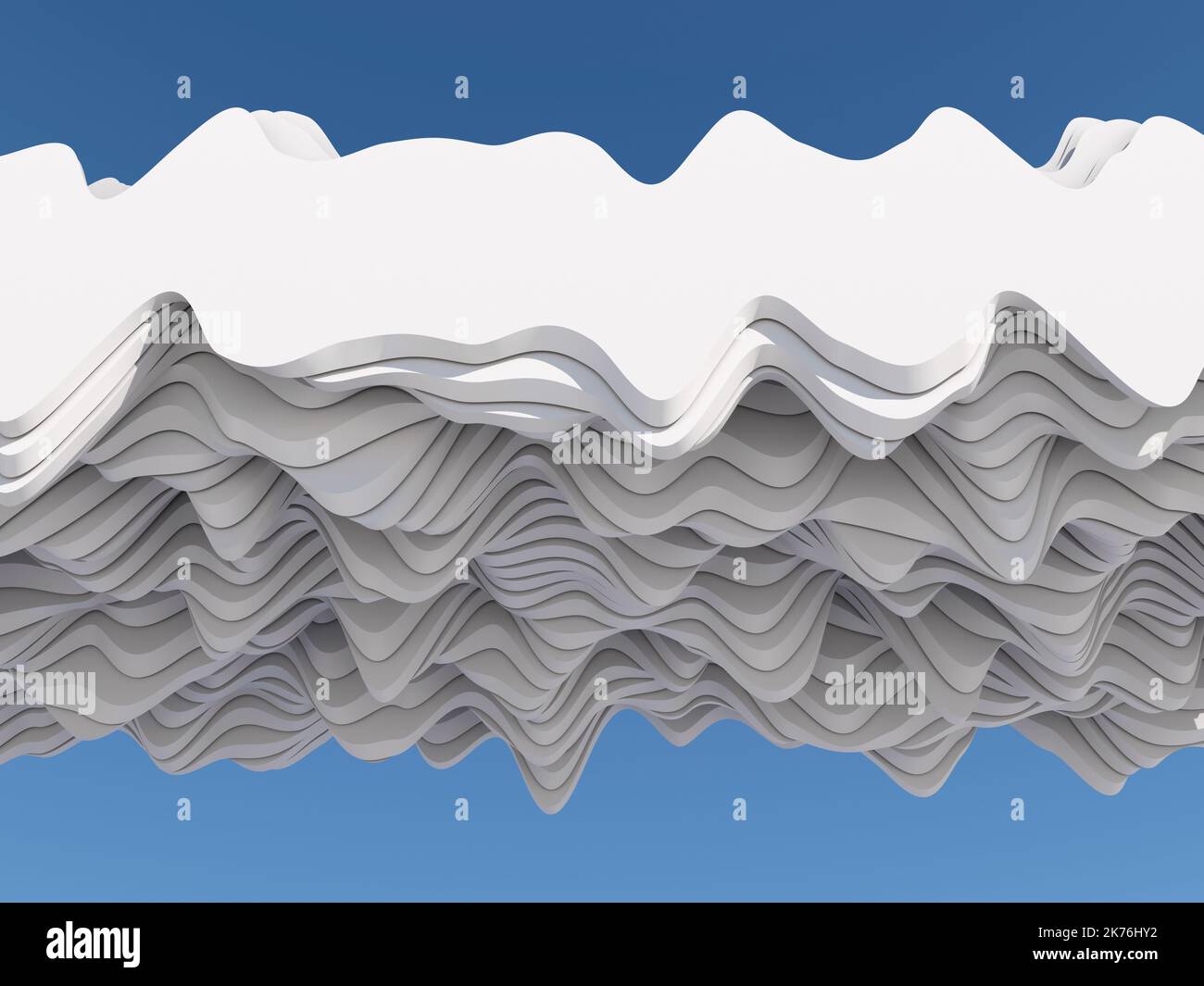 Abstract digital graphic background, wavy white cloud structure installation is under blue sky ...