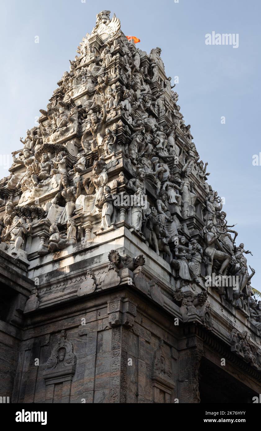 Vertical photo of the Shri Ponnambalawaneswaram Kovil temple exterioor ...