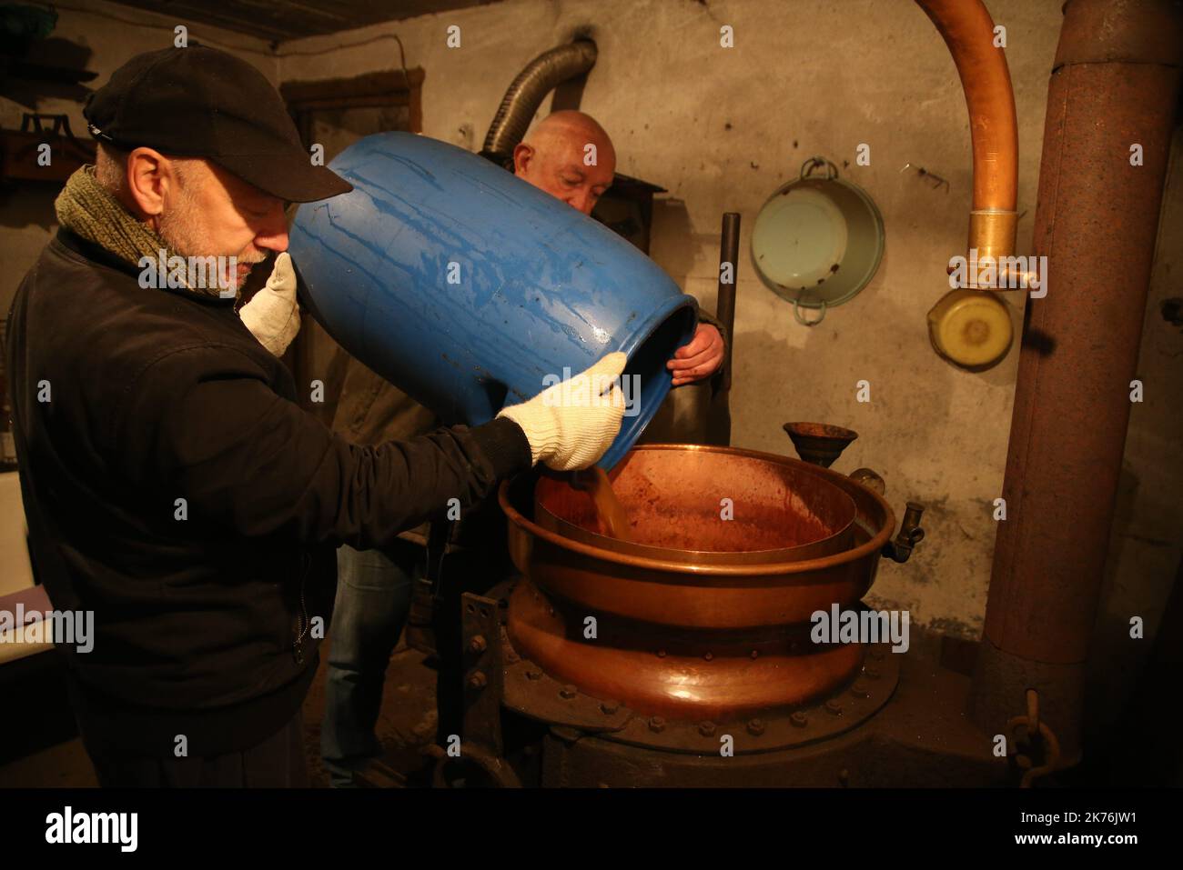 Distillation of old-fashioned schnapps (a transparent eau-de-vie ...