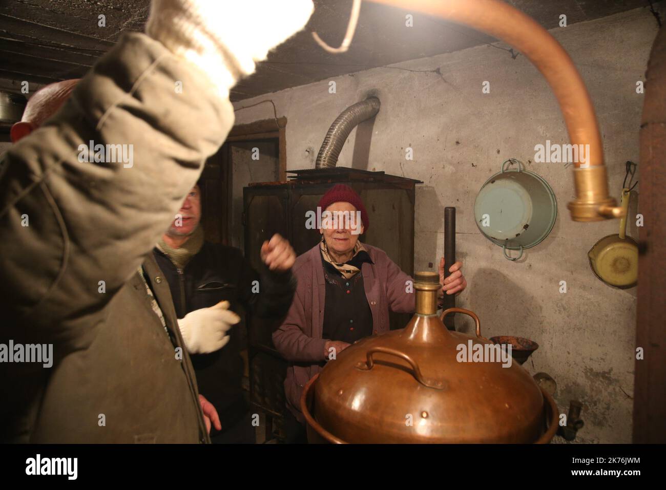 Distillation of old-fashioned schnapps (a transparent eau-de-vie ...