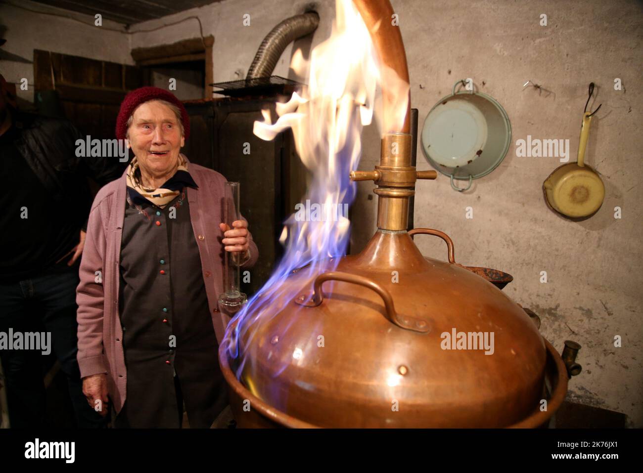 Distillation of old-fashioned schnapps (a transparent eau-de-vie ...
