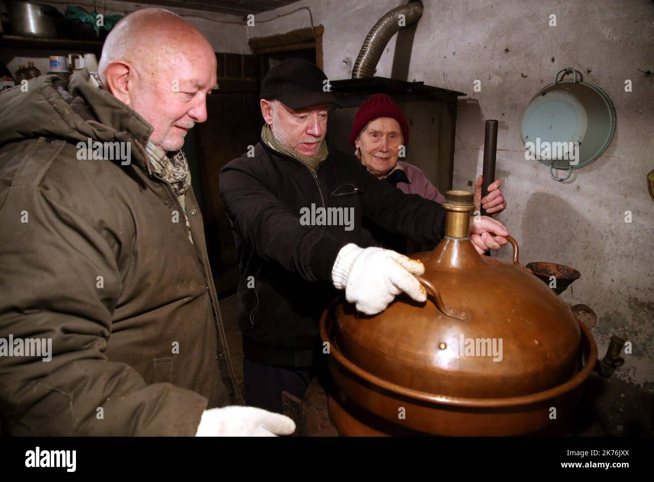 Distillation of old-fashioned schnapps (a transparent eau-de-vie ...
