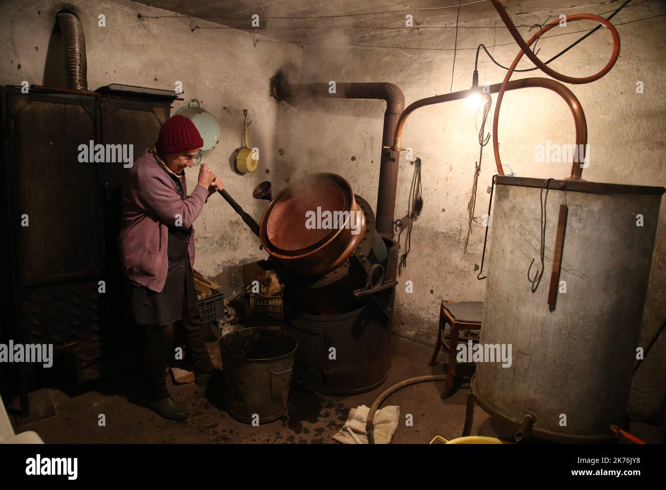 Distillation of old-fashioned schnapps (a transparent eau-de-vie ...