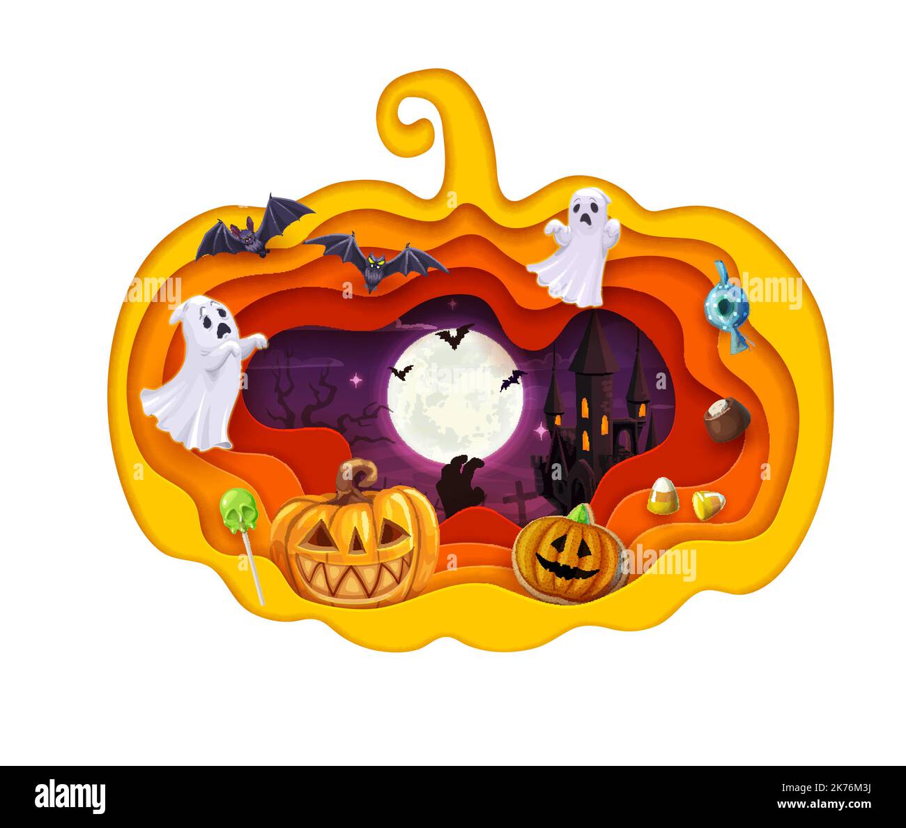 Halloween paper cut pumpkin with ghosts and castle. Cartoon vector ...