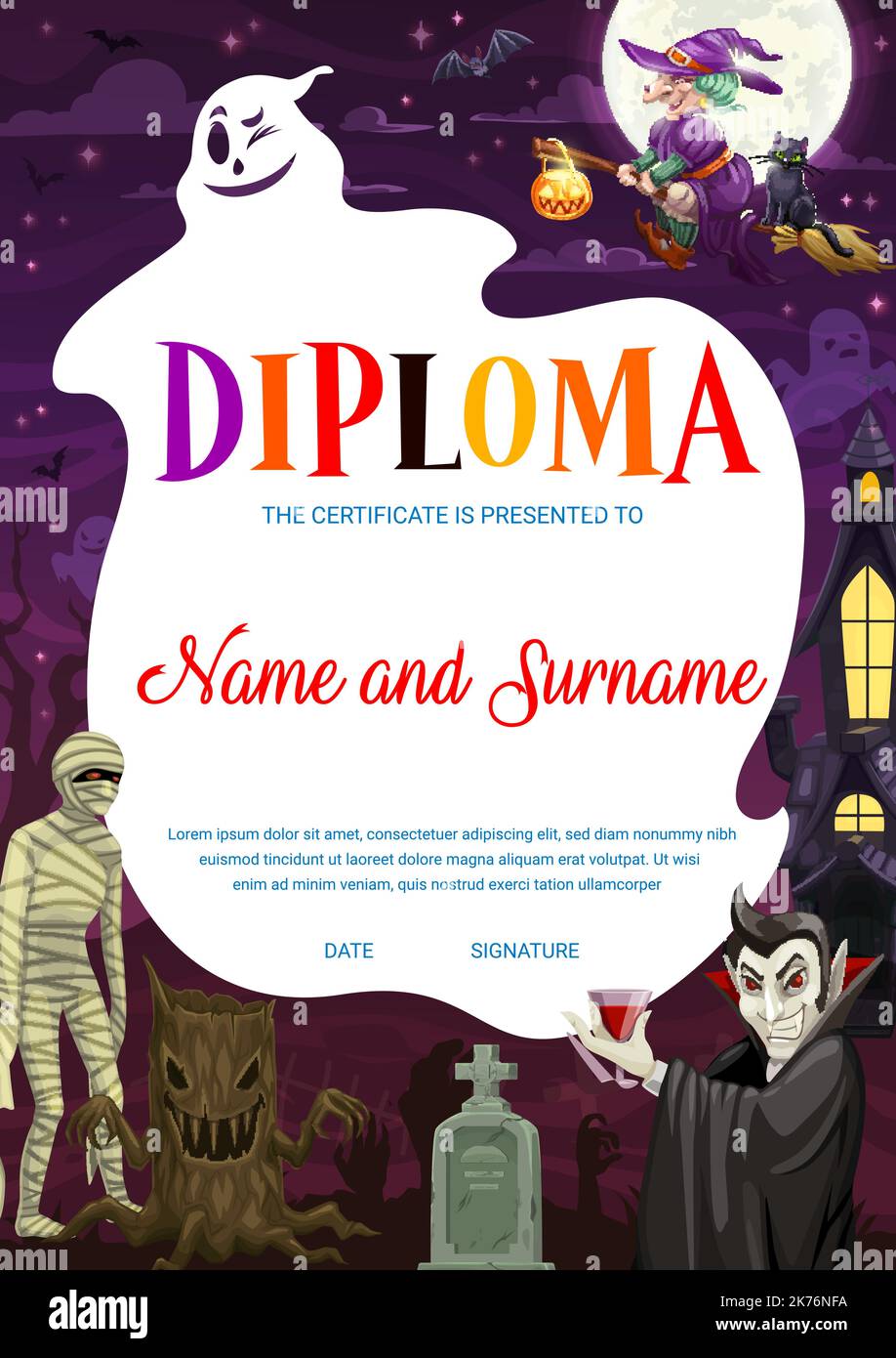 Kids diploma. Cartoon Halloween characters of mummy, Dracula vampire ...
