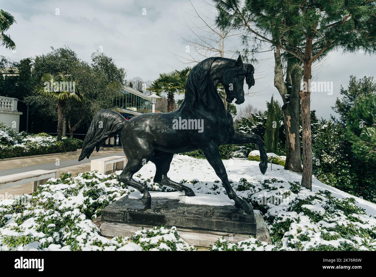 Istanbul, Turkey - December 2021: Famous horse sculpture in the garden of Sakip Sabanci Museum ...