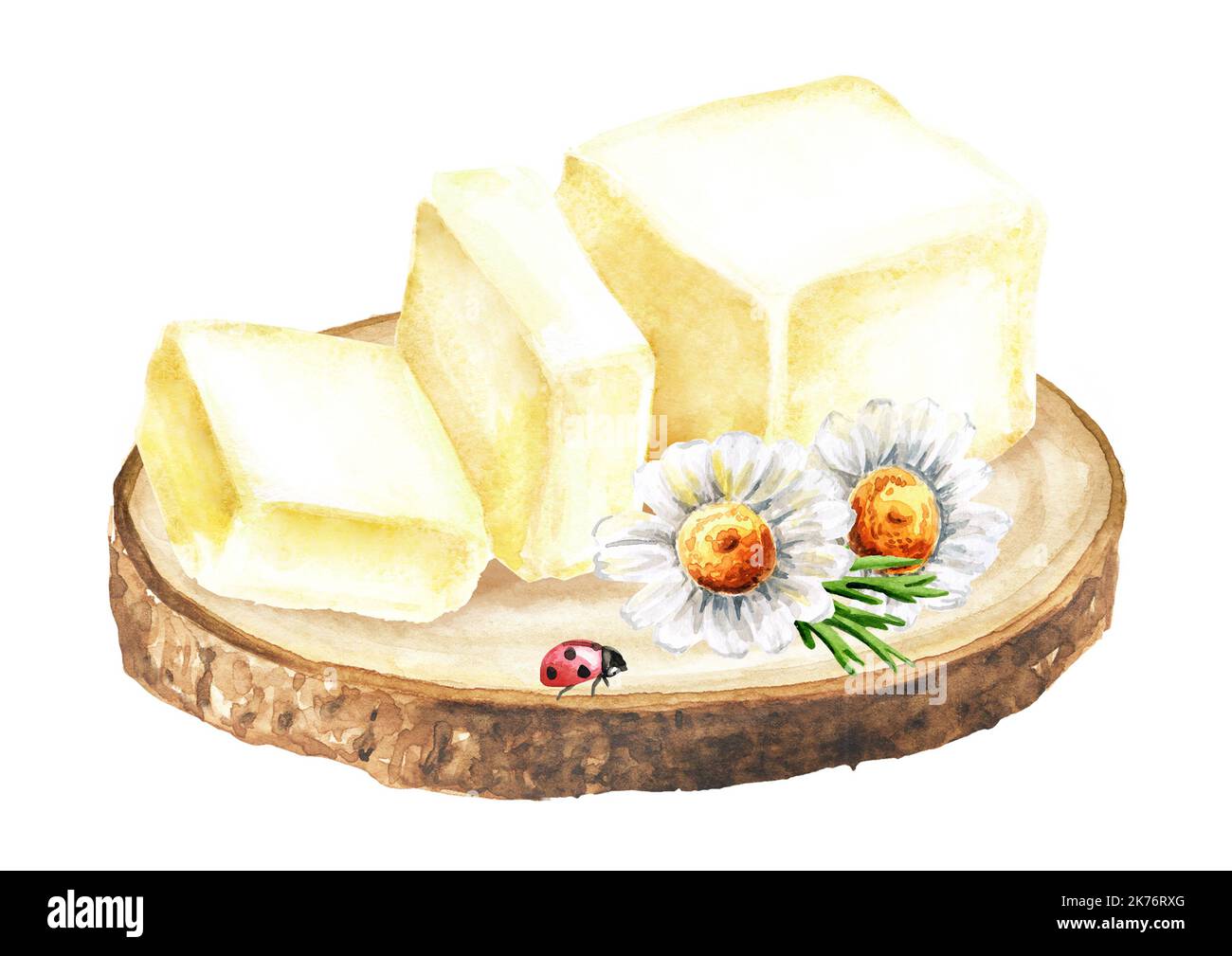 Butter on a wooden board. Hand drawn watercolor illustration isolated ...