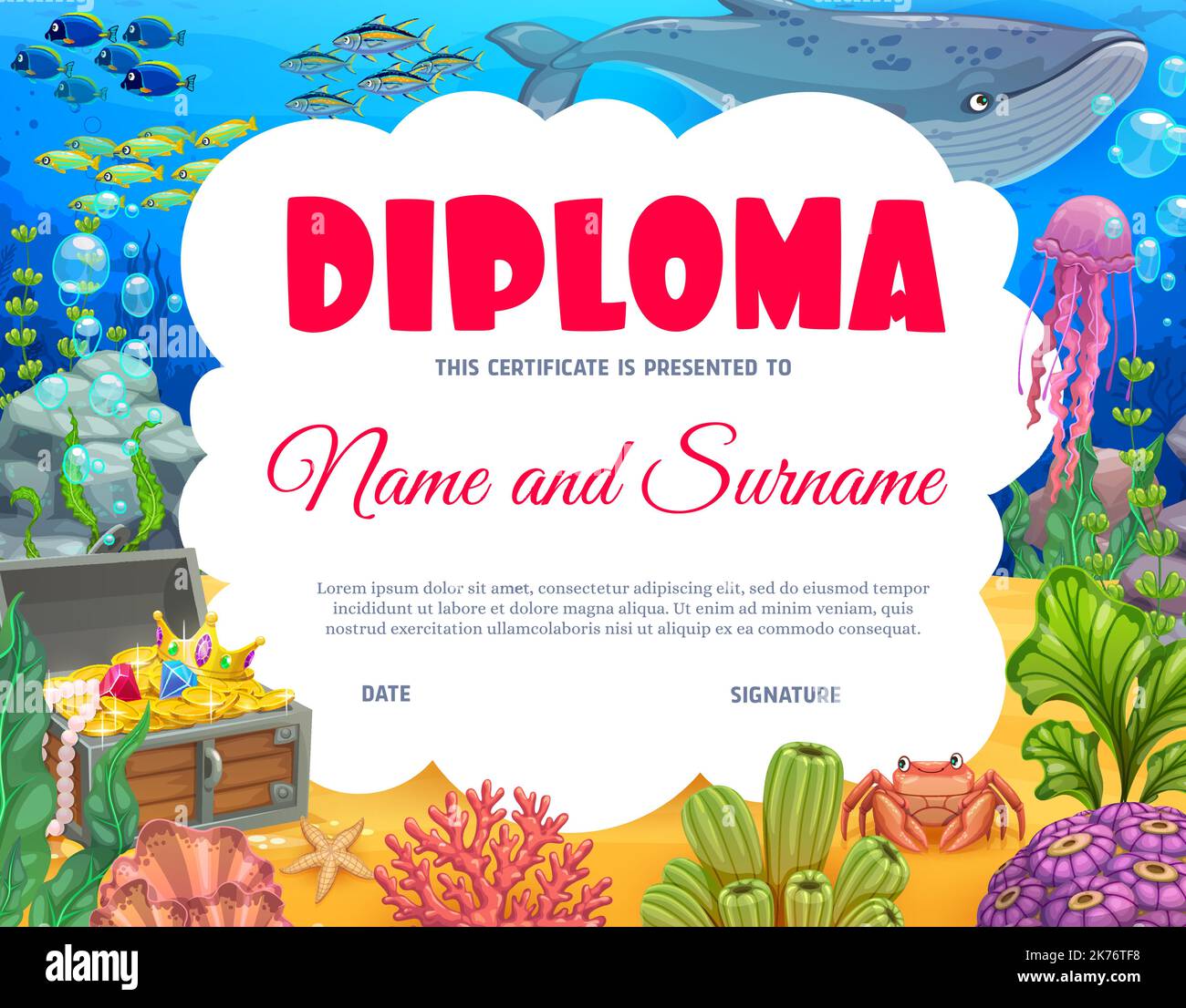 Cartoon kids diploma with underwater landscape and animals. Educational ...