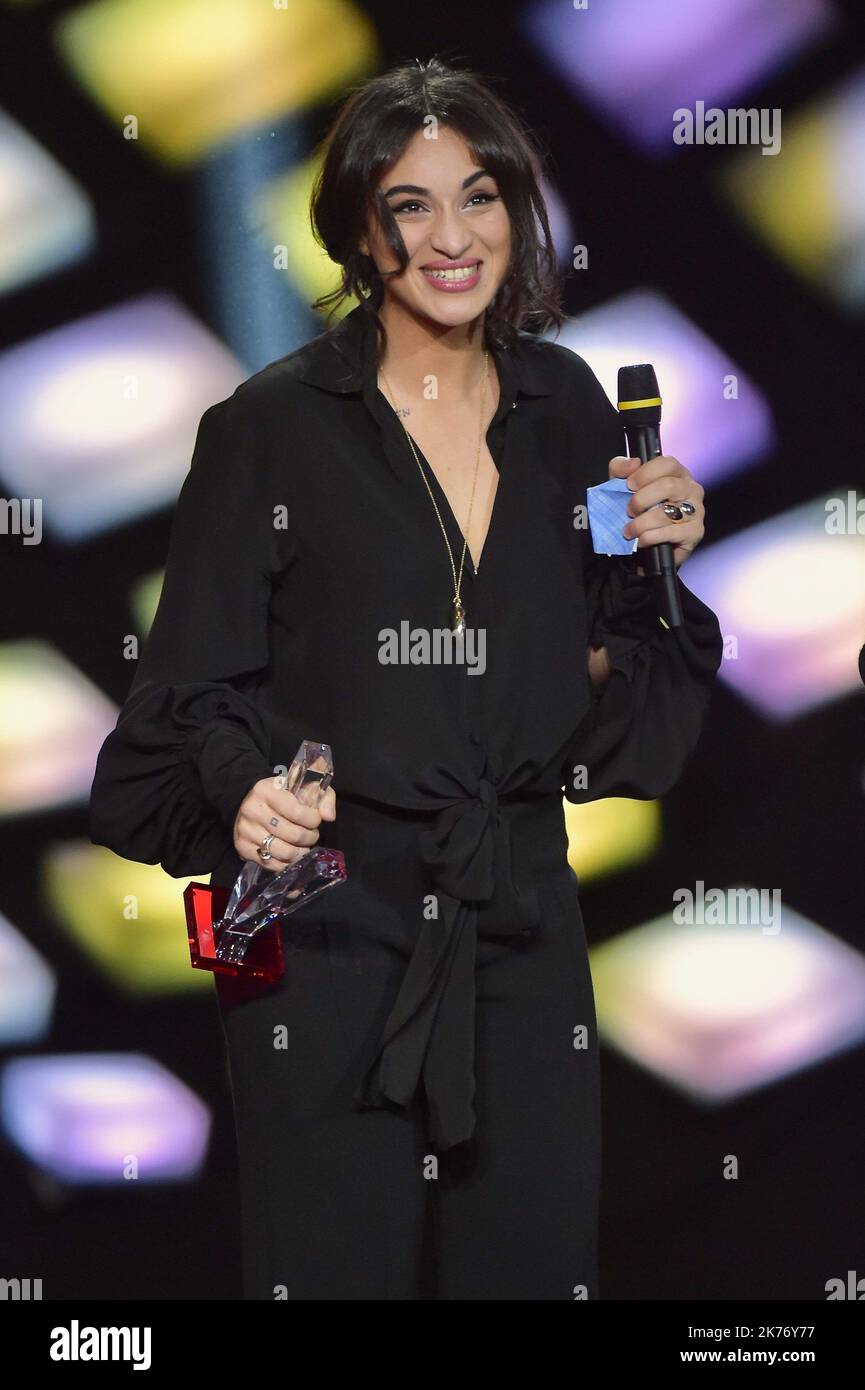 French actress and singer Camelia Jordana celebrates as she receives ...