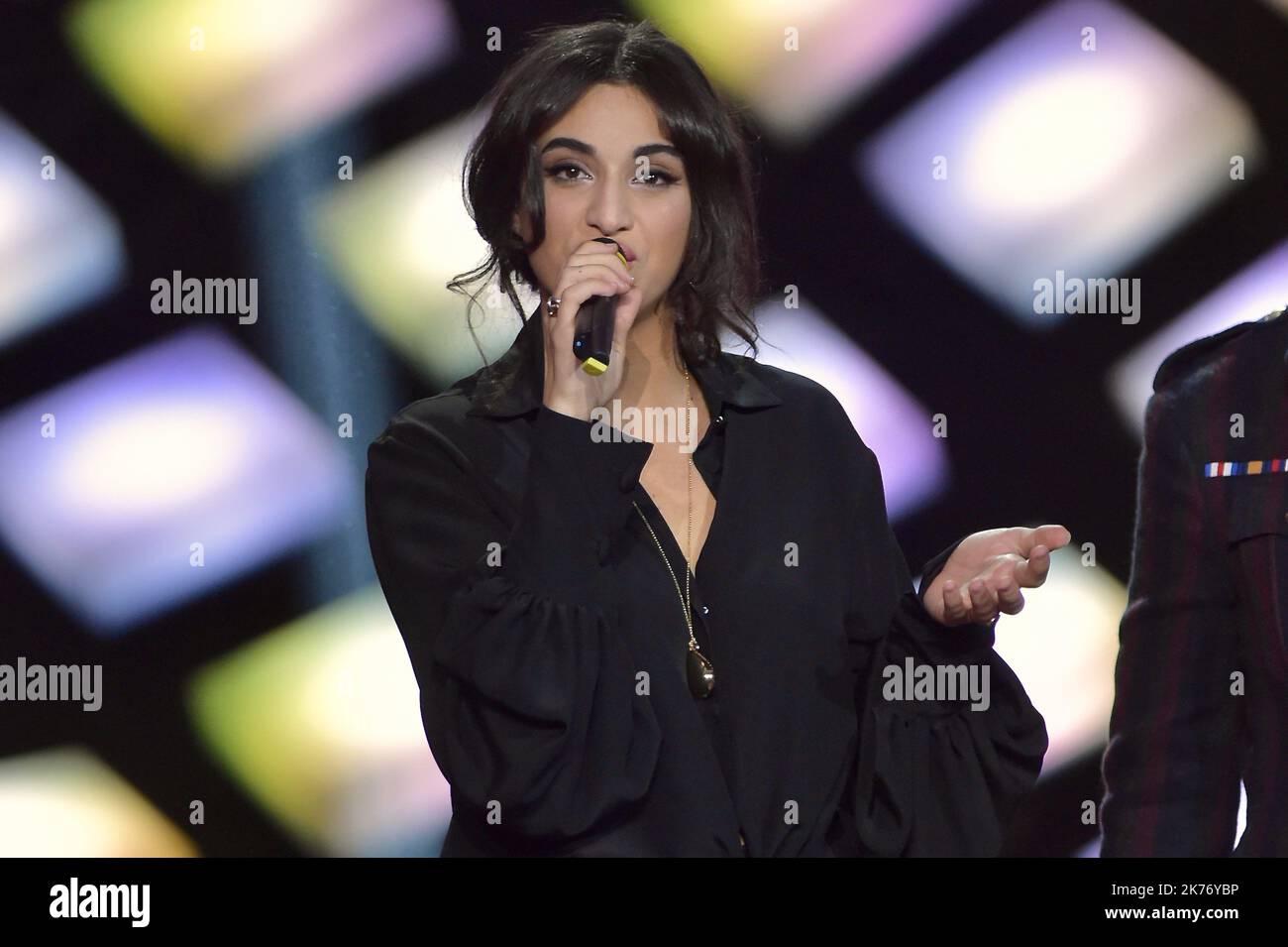 French actress and singer Camelia Jordana celebrates as she receives ...