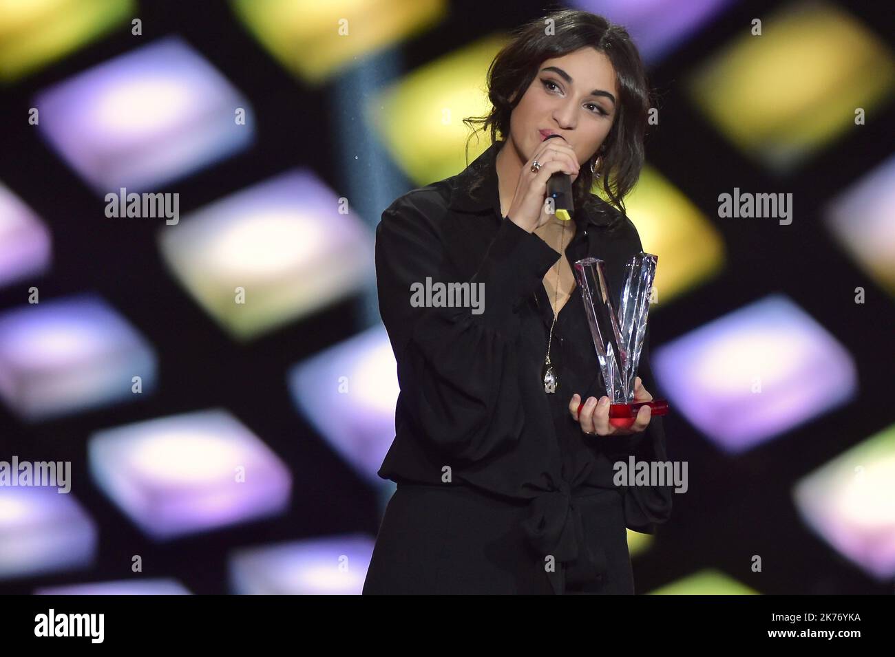 French actress and singer Camelia Jordana celebrates as she receives ...