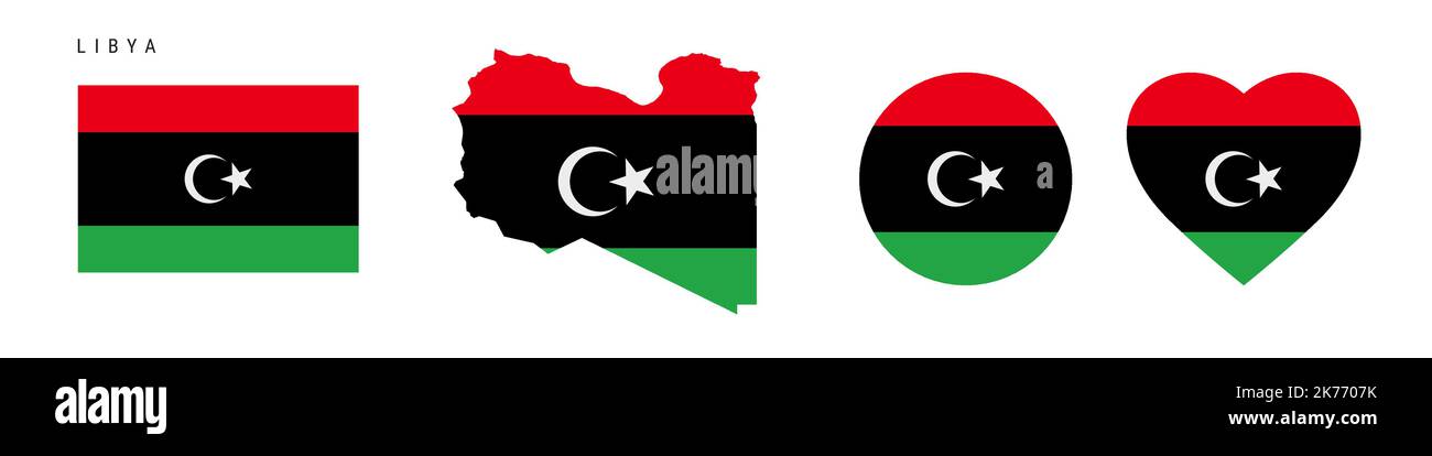 Libya flag icon set. Libyan pennant in official colors and proportions. Rectangular, map-shaped ...
