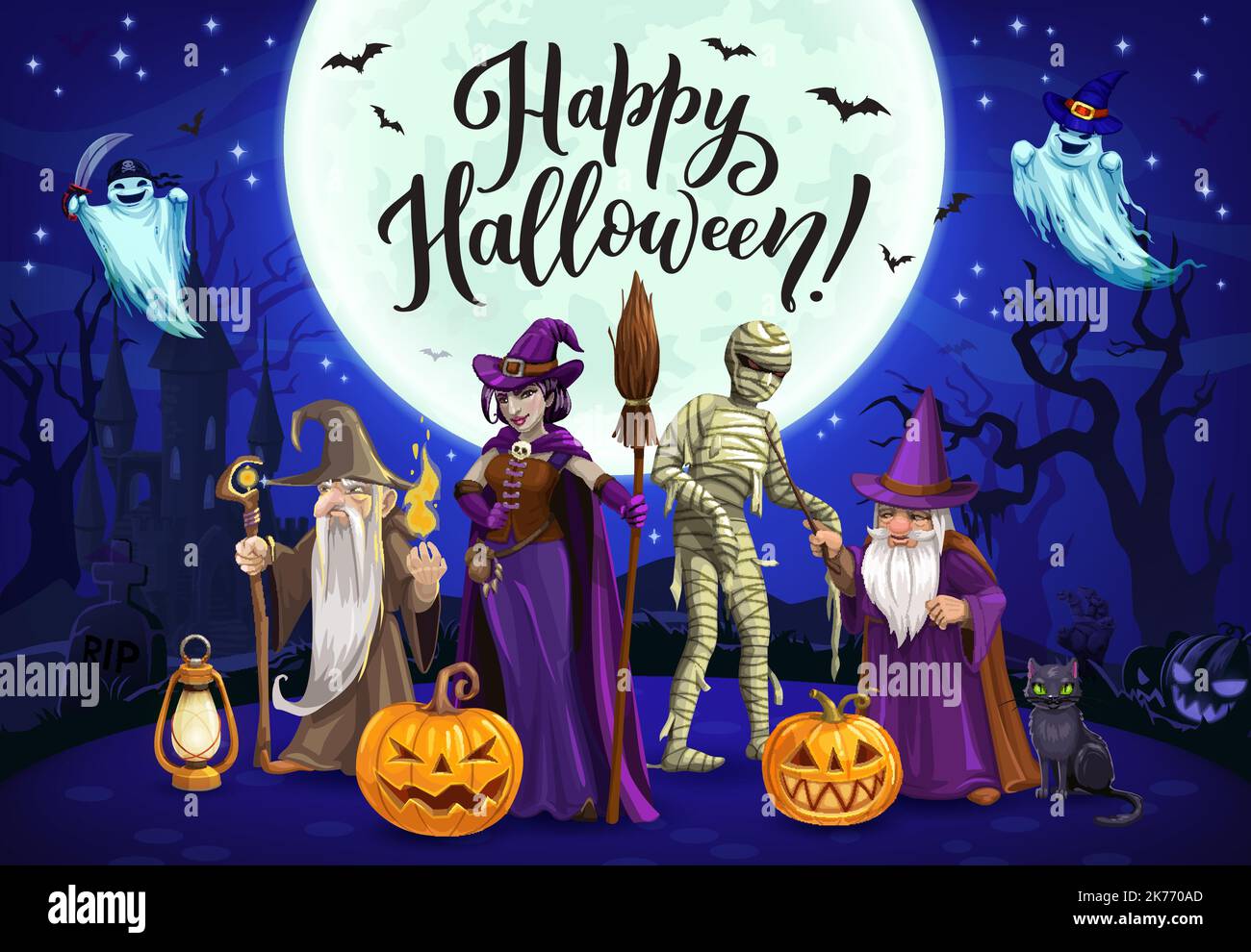 Cartoon Halloween characters of flying on cemetery ghosts, wizard or ...