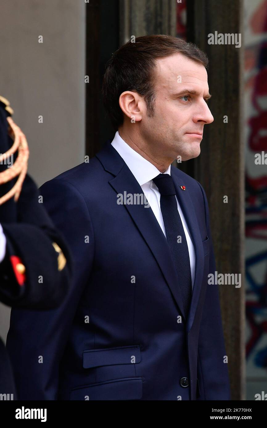 French President Emmanuel Macron at the Palais de l'Elysee on February ...