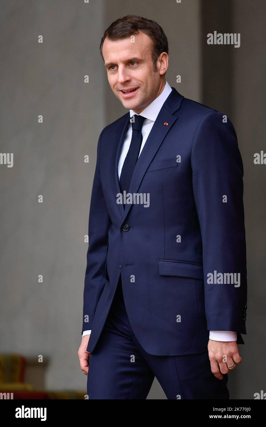 French President Emmanuel Macron at the Palais de l'Elysee on February ...