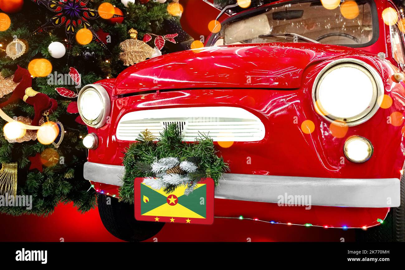 New Year's red car with the flag of Grenada against the backdrop of a ...