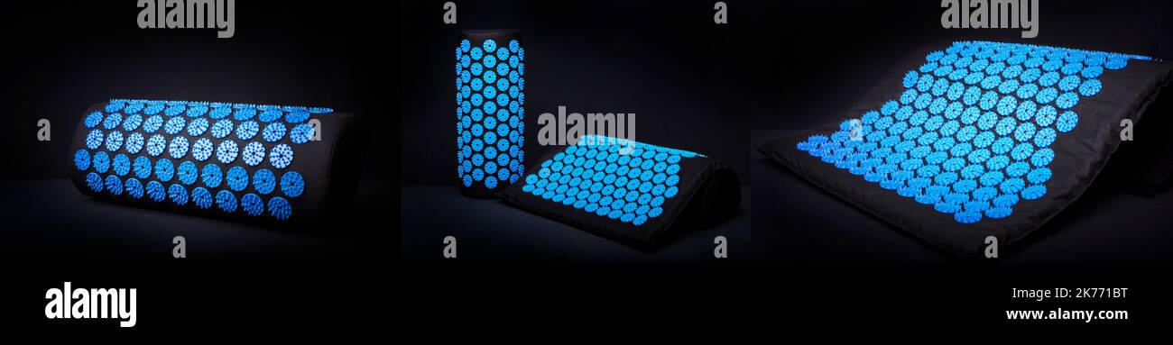Set of Acupuncture blue mat with many plastic spikes on black ...