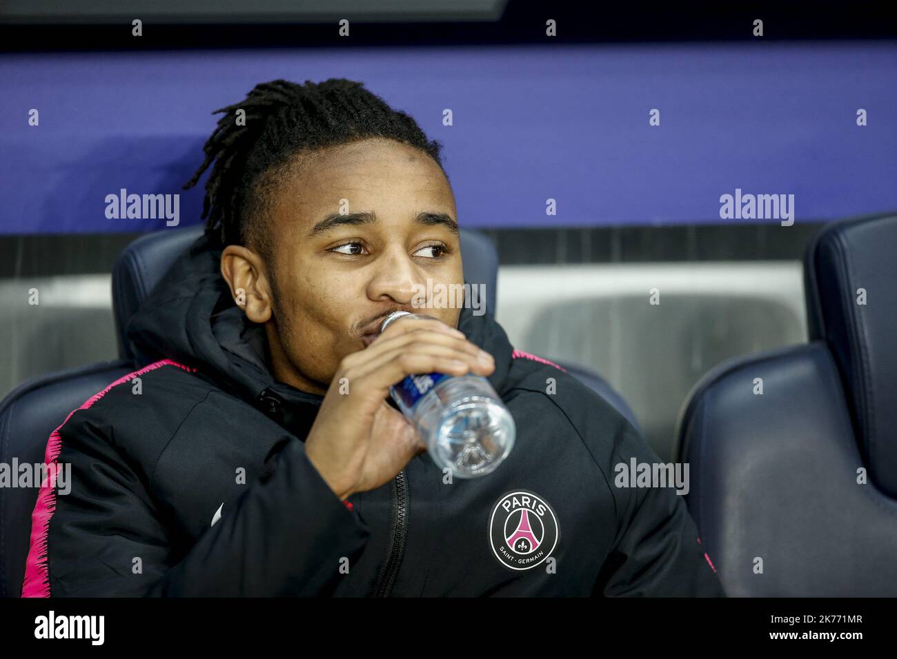 Christopher Nkunku of Paris Saint-Germain reacts during warmup before ...