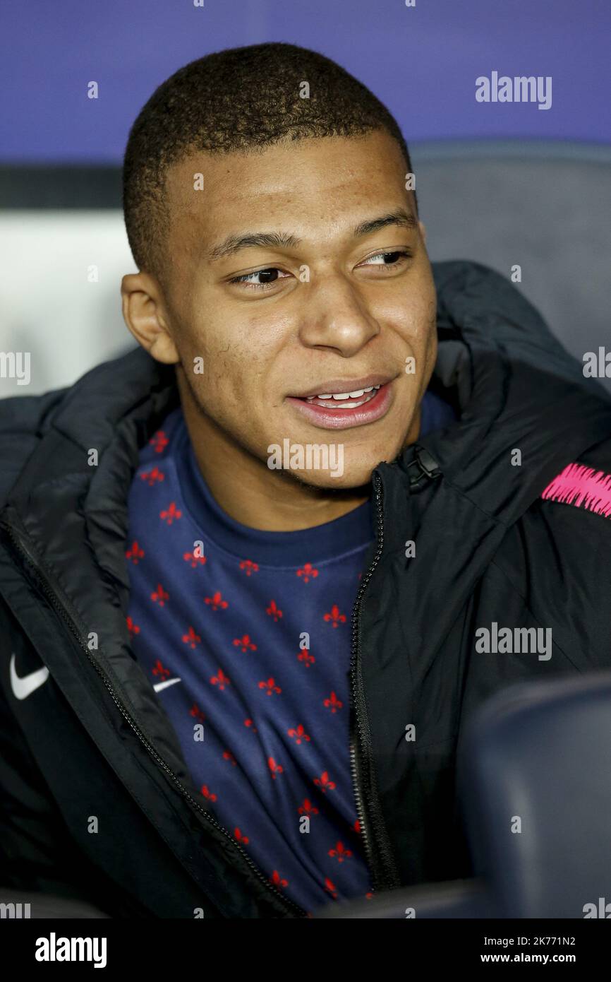 Kylian Mbappe of Paris Saint-Germain reacts during warmup before the ...