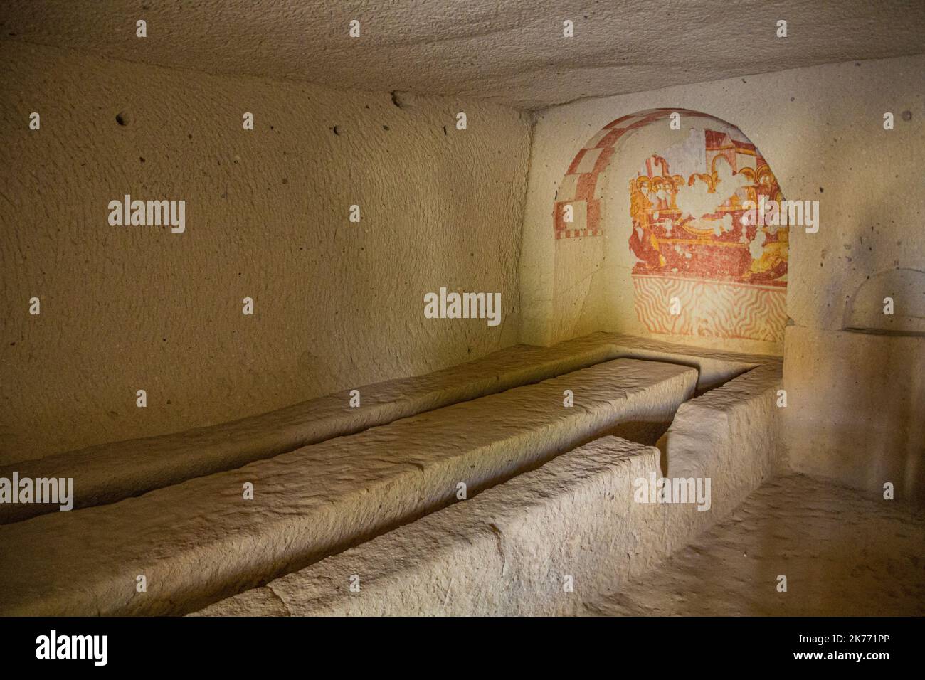 GOREME, TURKEY - JULY 19, 2019: Monastic cave refectory (dining room ...