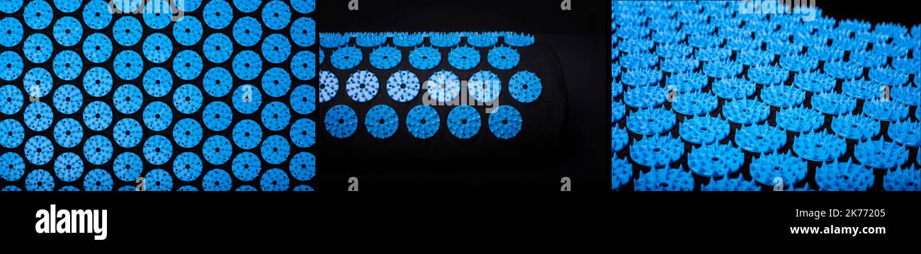 Set of Acupuncture blue mat with many plastic spikes on black ...
