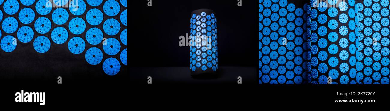 Set of Acupuncture blue mat with many plastic spikes on black ...